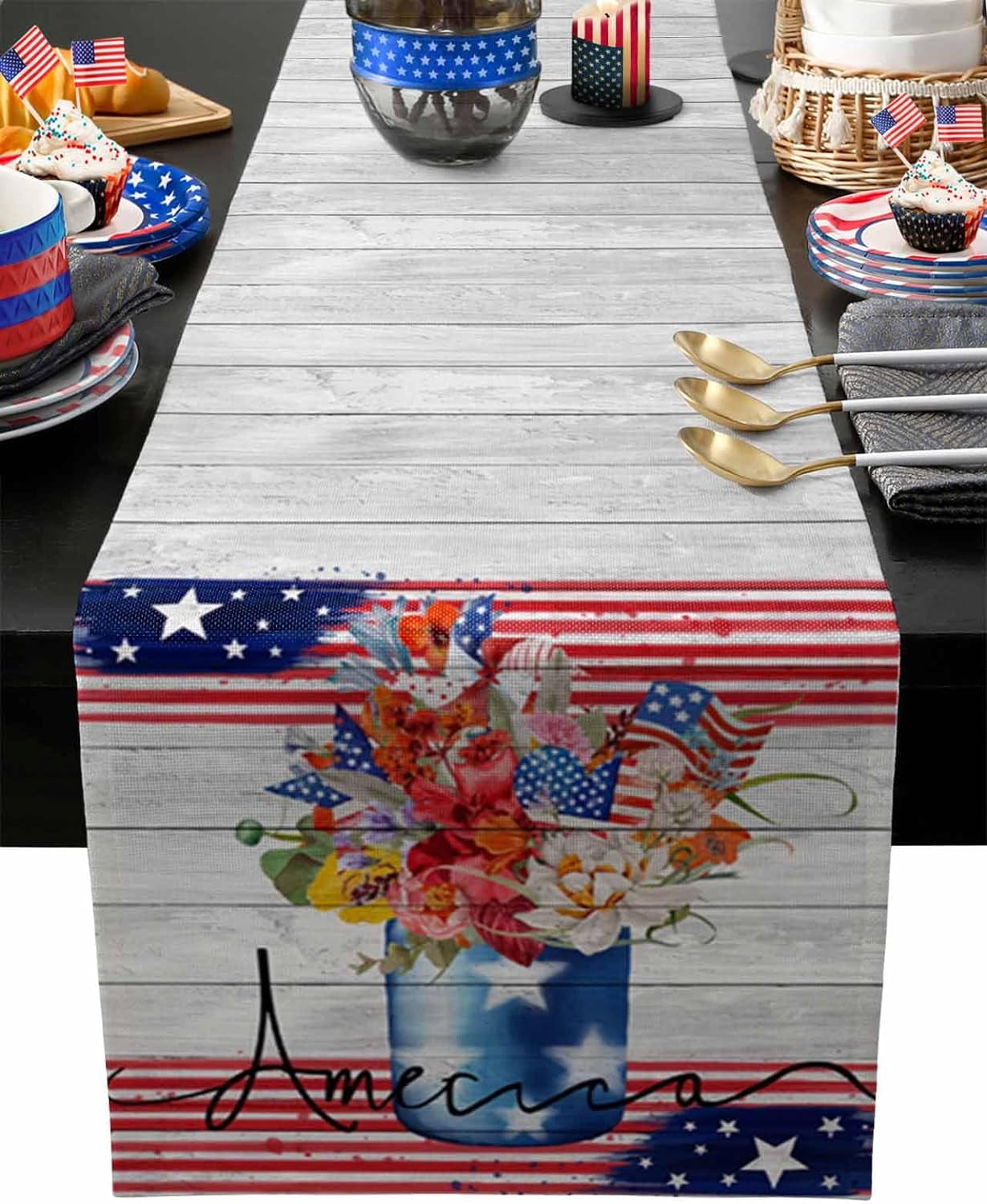 4th of July Linen Table Runners Stars Eucalyptus Leaves Rustic Vintage ...