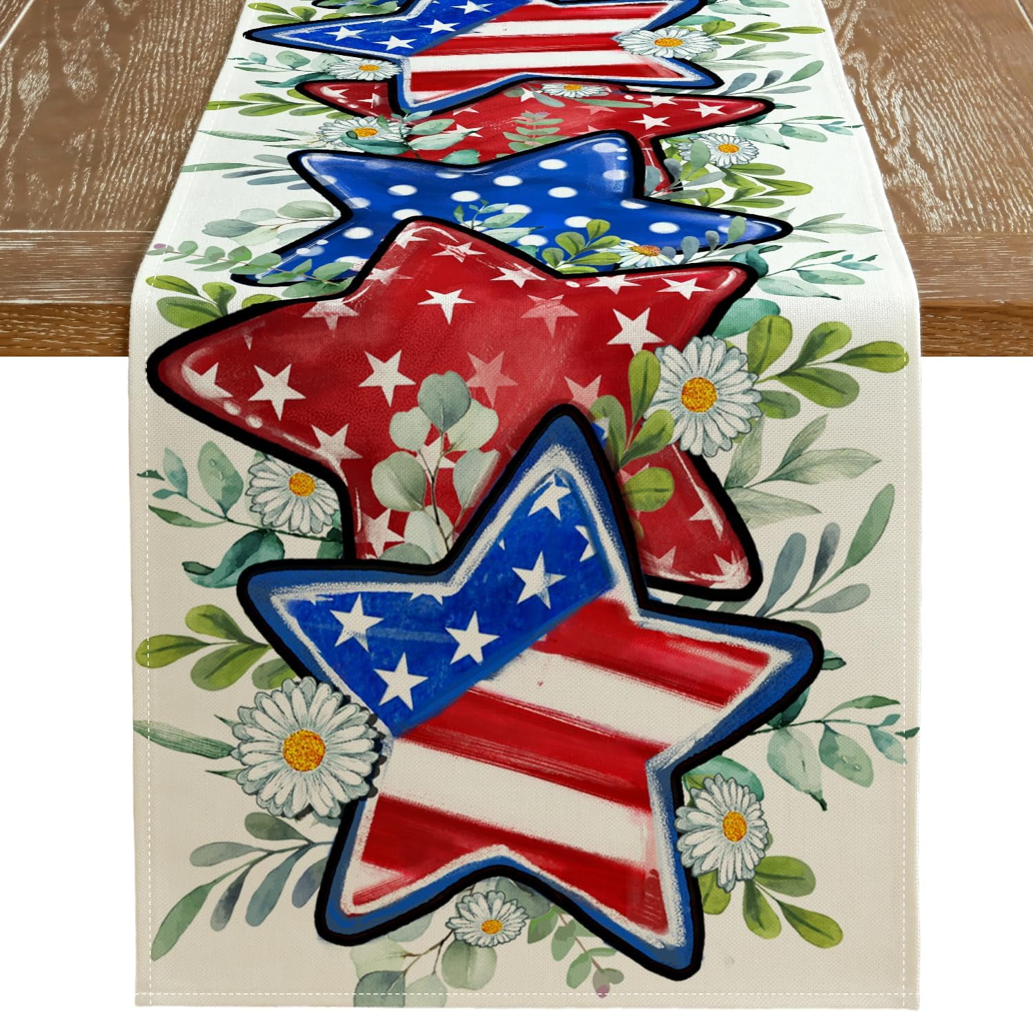 4th of July Memorial Day Linen Table Runners Stars Eucalyptus Leaves ...