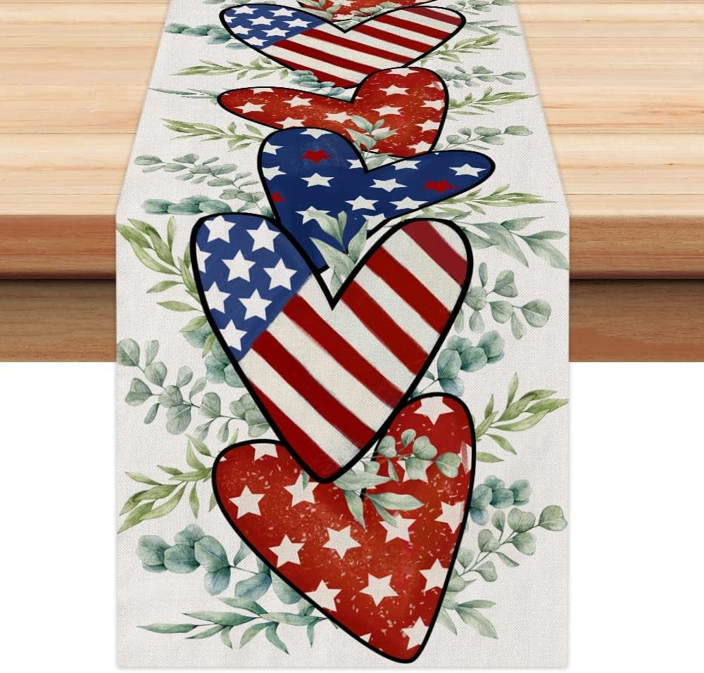 4th of July Memorial Day Linen Table Runners Stars Eucalyptus Leaves ...