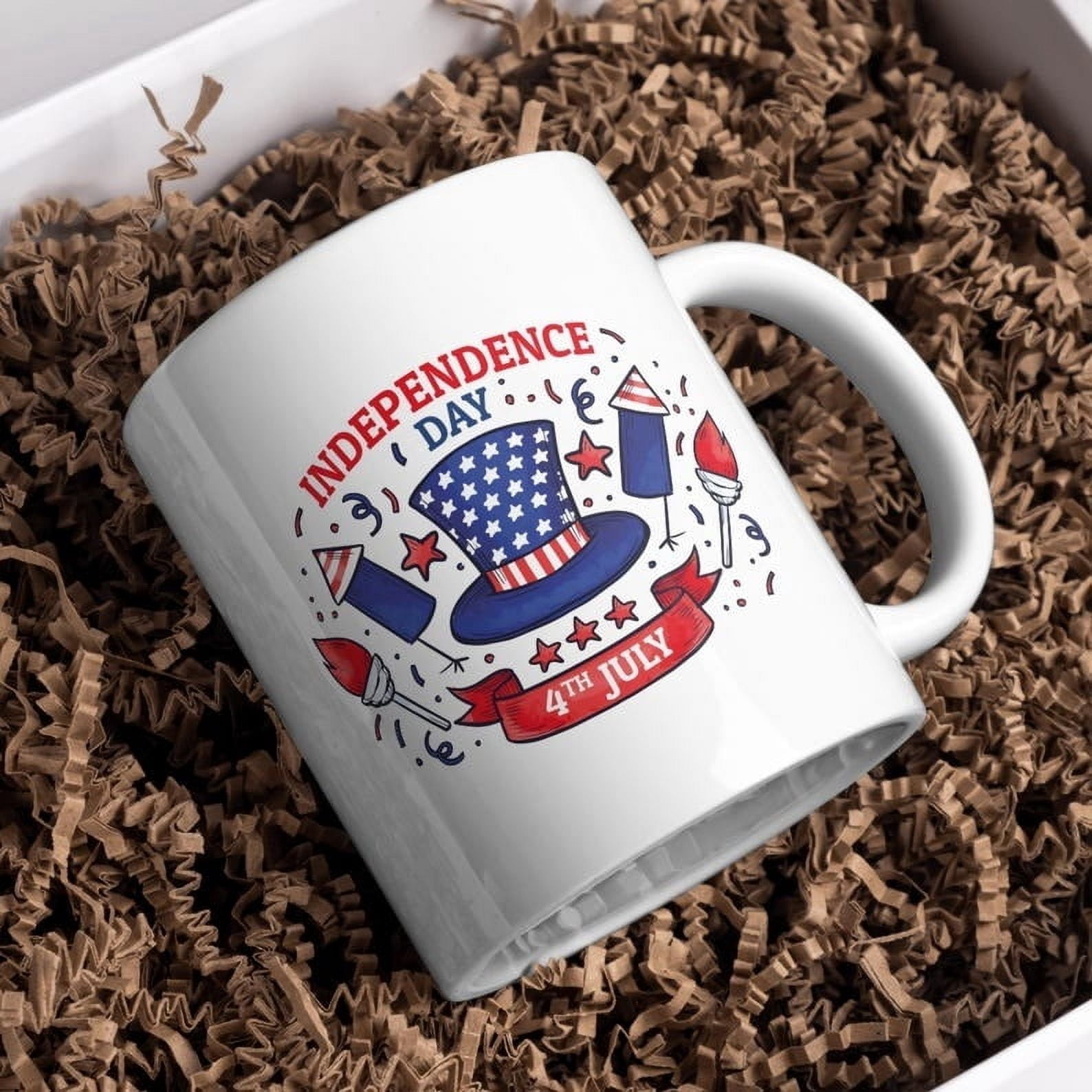 4th of July Mug, 11oz Patriotic Coffee Cup with USA Hat and Fireworks ...