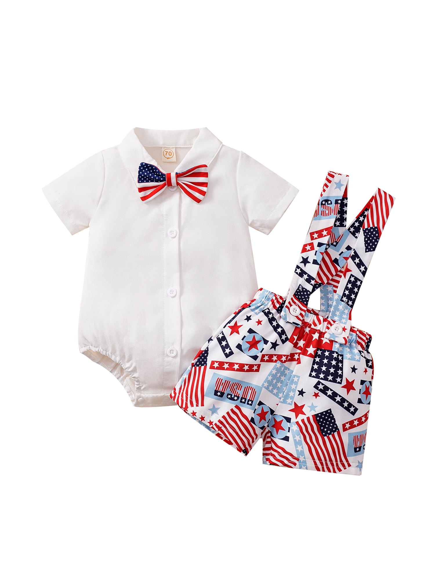 4th of July Outfits Baby Boy Gentleman Bowtie Shirts Romper American Flag Overalls Suspender ...