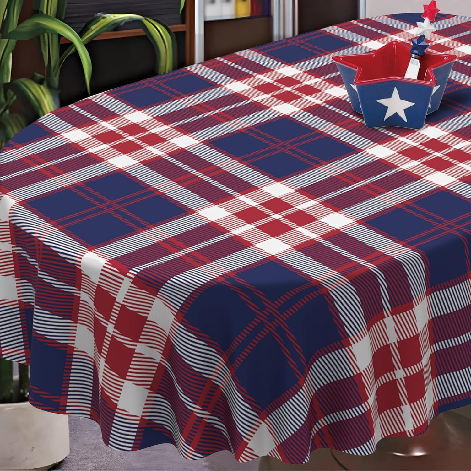 4th of July Oval Tablecloth for Oval Table, Waterproof Plaid Oval Table ...