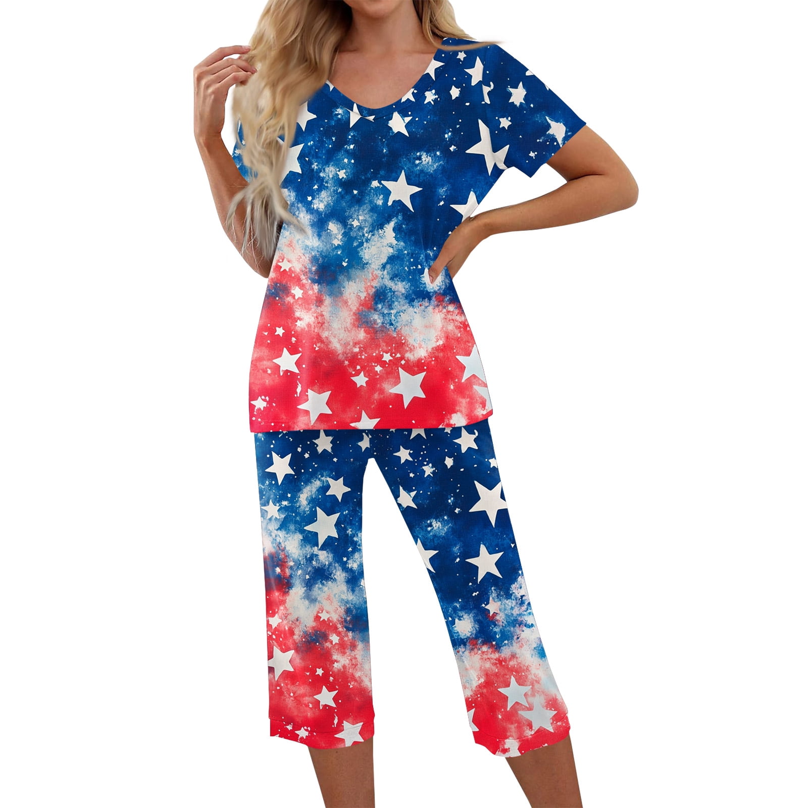 4th of July Pajama Set for Women Patriotic Red Blue and White Print ...