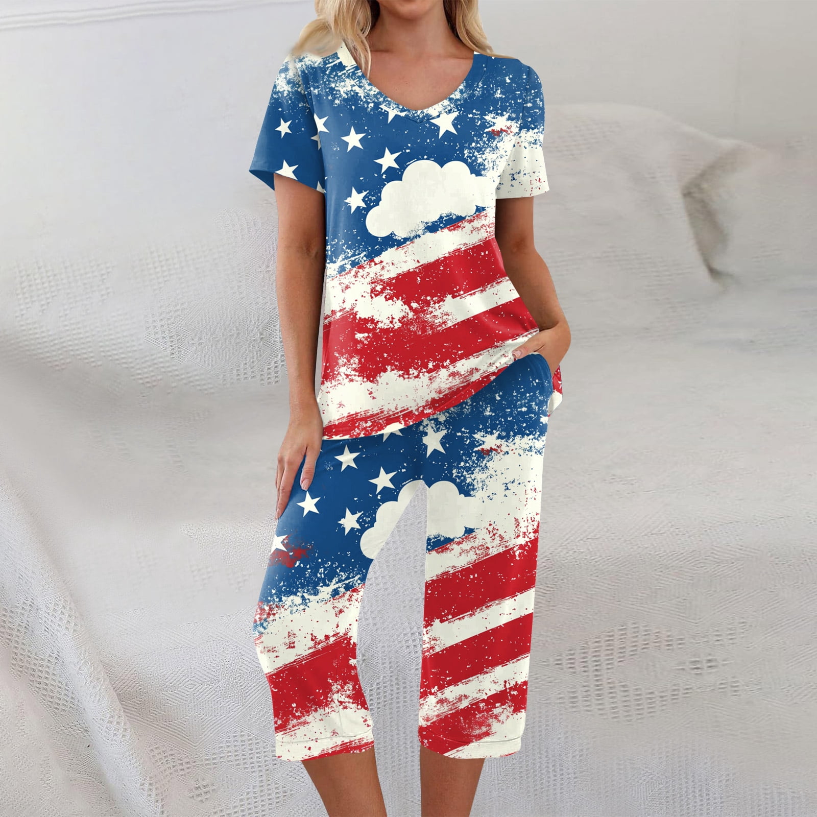 4th of July Pajama Sets for Women 2 Pieces Pajamas Red Blue Star and Stripes Print Pullover ...