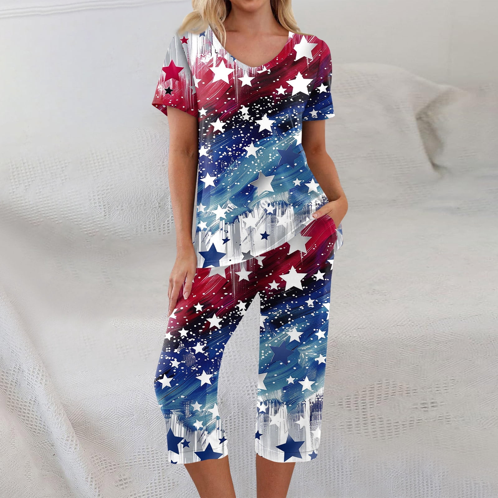 4th of July Pajamas for Women 2 Pieces Sleepwear Women Red Blue and ...