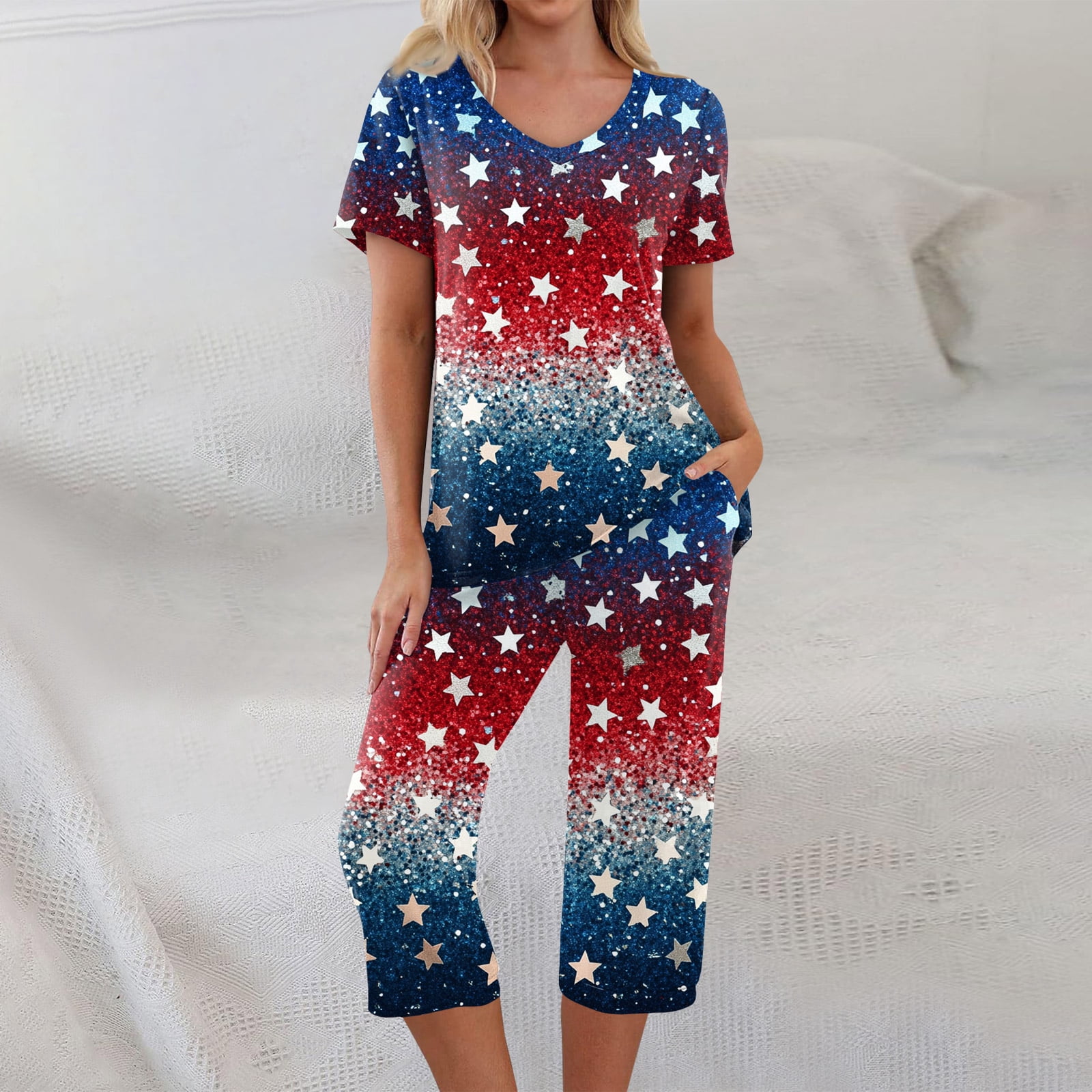 4th of July Pajamas for Women Set Soft Comfy Pajamas Red Blue and White ...