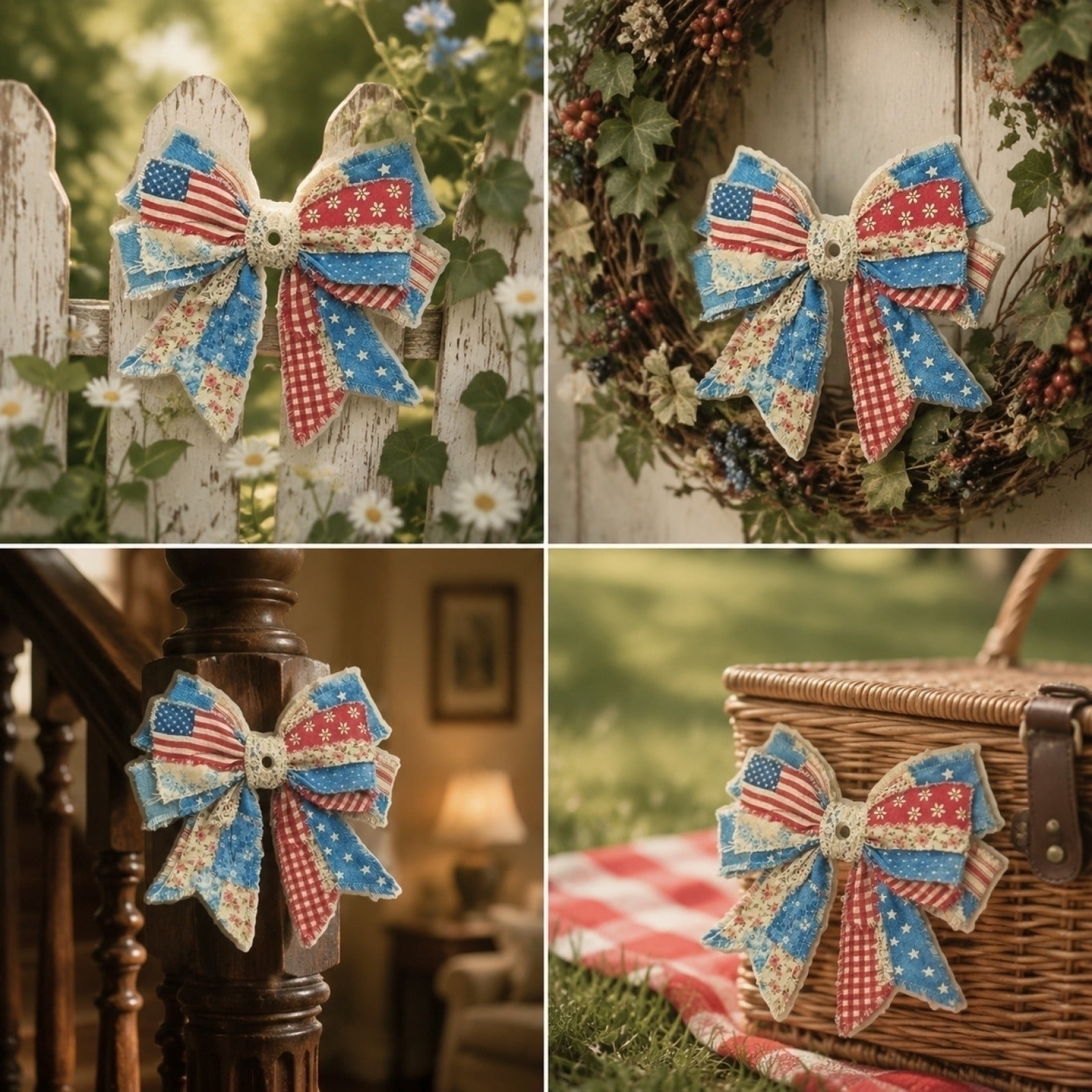4th of July Patchwork Bow – Patriotic Red White Blue Ribbon for Wreath ...