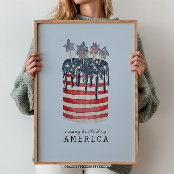 4th of July Patriotic Cake Wall Art, Unframed Paper Print Size 24x36 ...