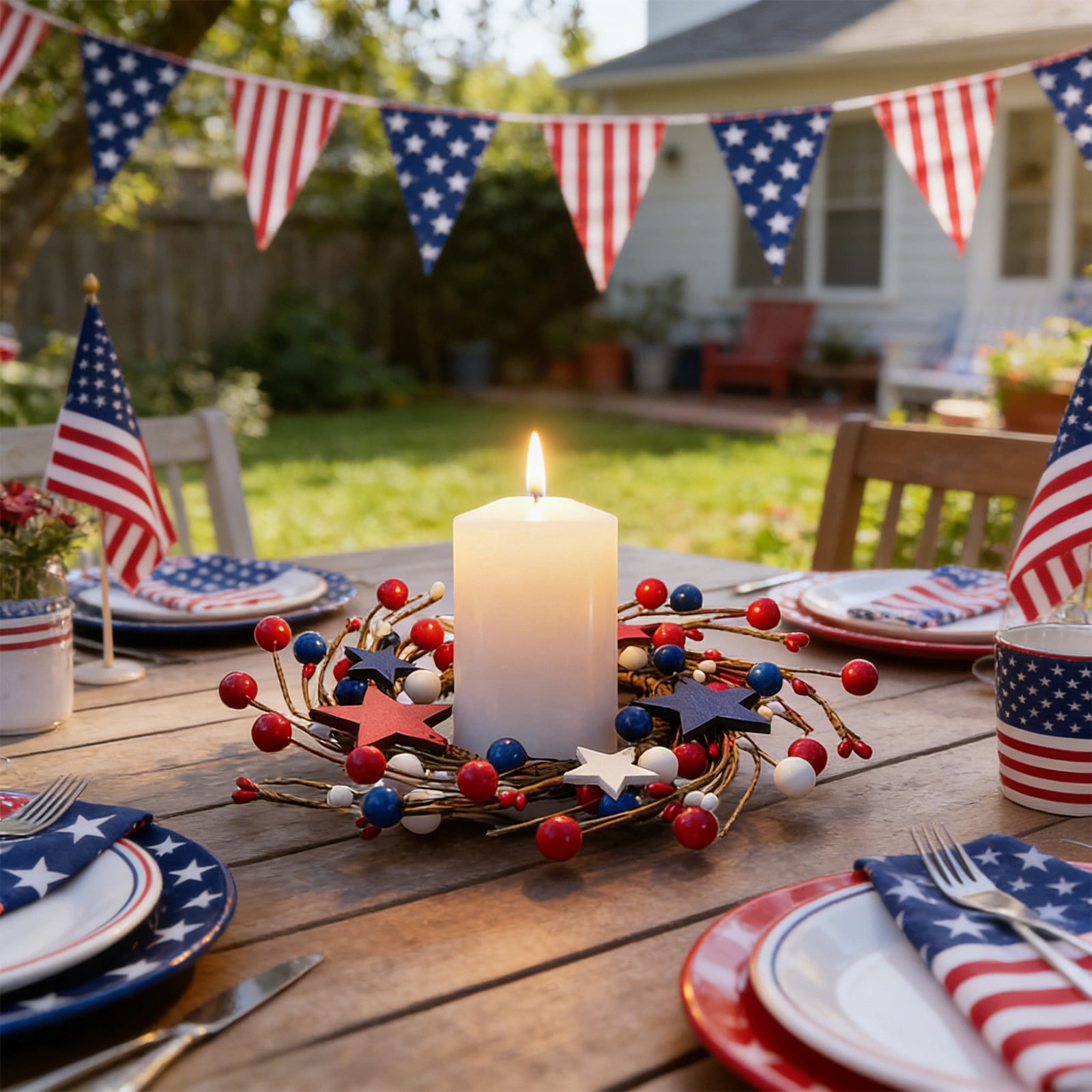 4th of July Patriotic Candle Wreath, 9.85 Inches Red White Blue Candle ...