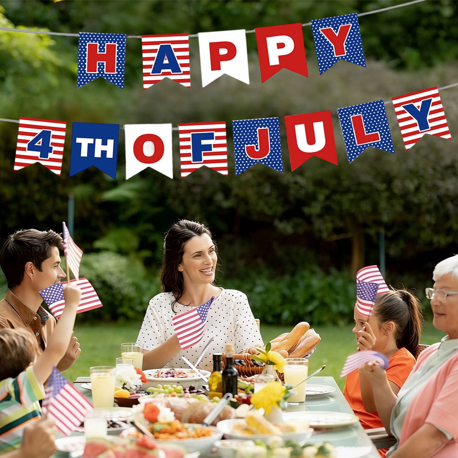 4th of July Patriotic Fan Banner, Red White Blue Layered Circle Bunting ...