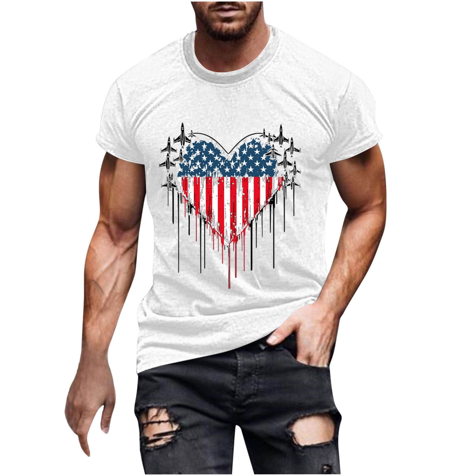 4th of July Patriotic Fighter Jet Heart T-Shirt Men's Drip Print ...