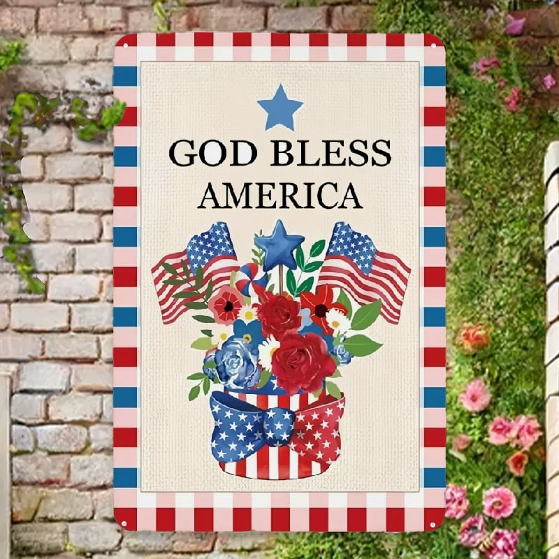 4th of July Patriotic Floral Metal Sign 12x8 Inch God Bless America USA ...