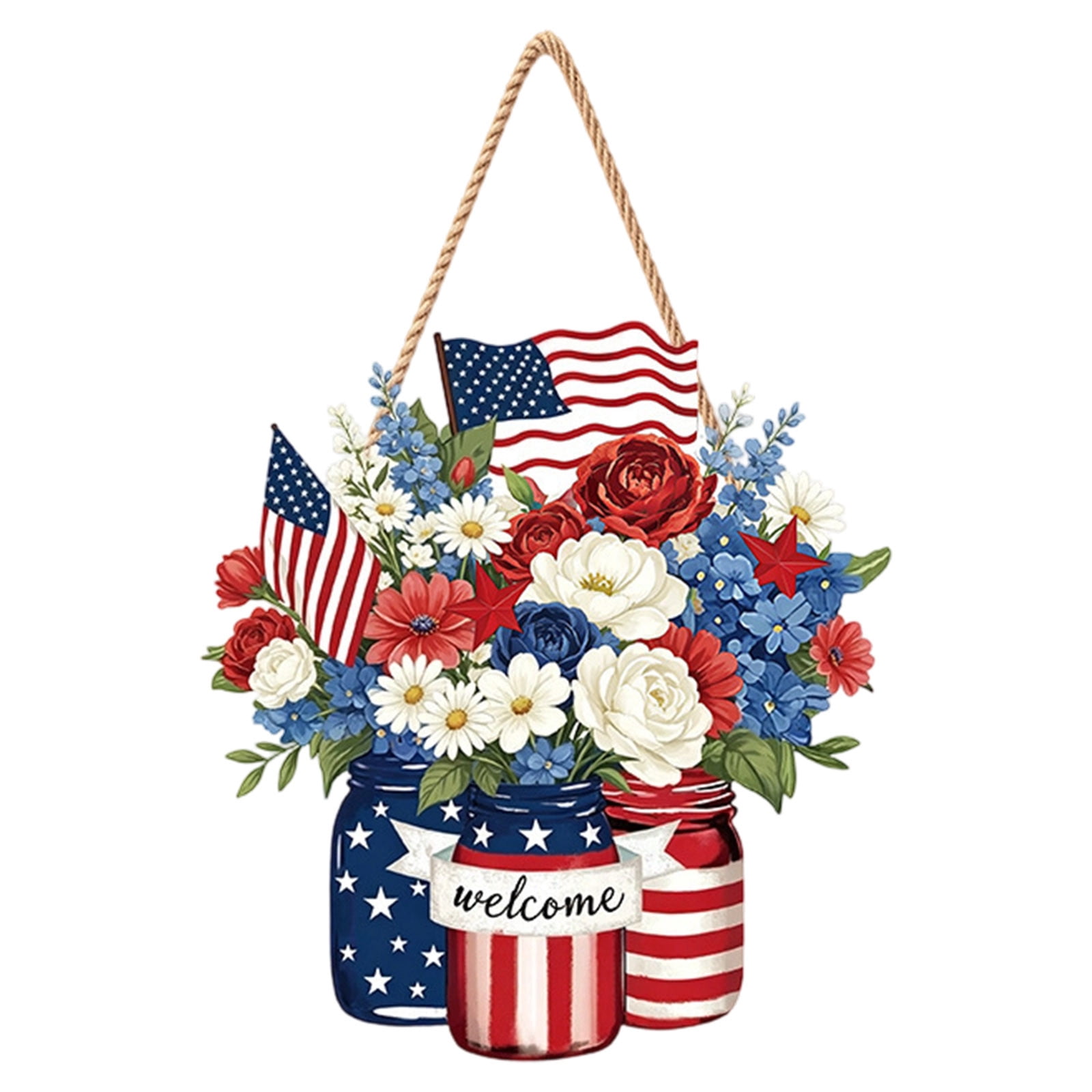 4th of July Patriotic Flower Welcome Door Sign - 11x11.8" Independence ...