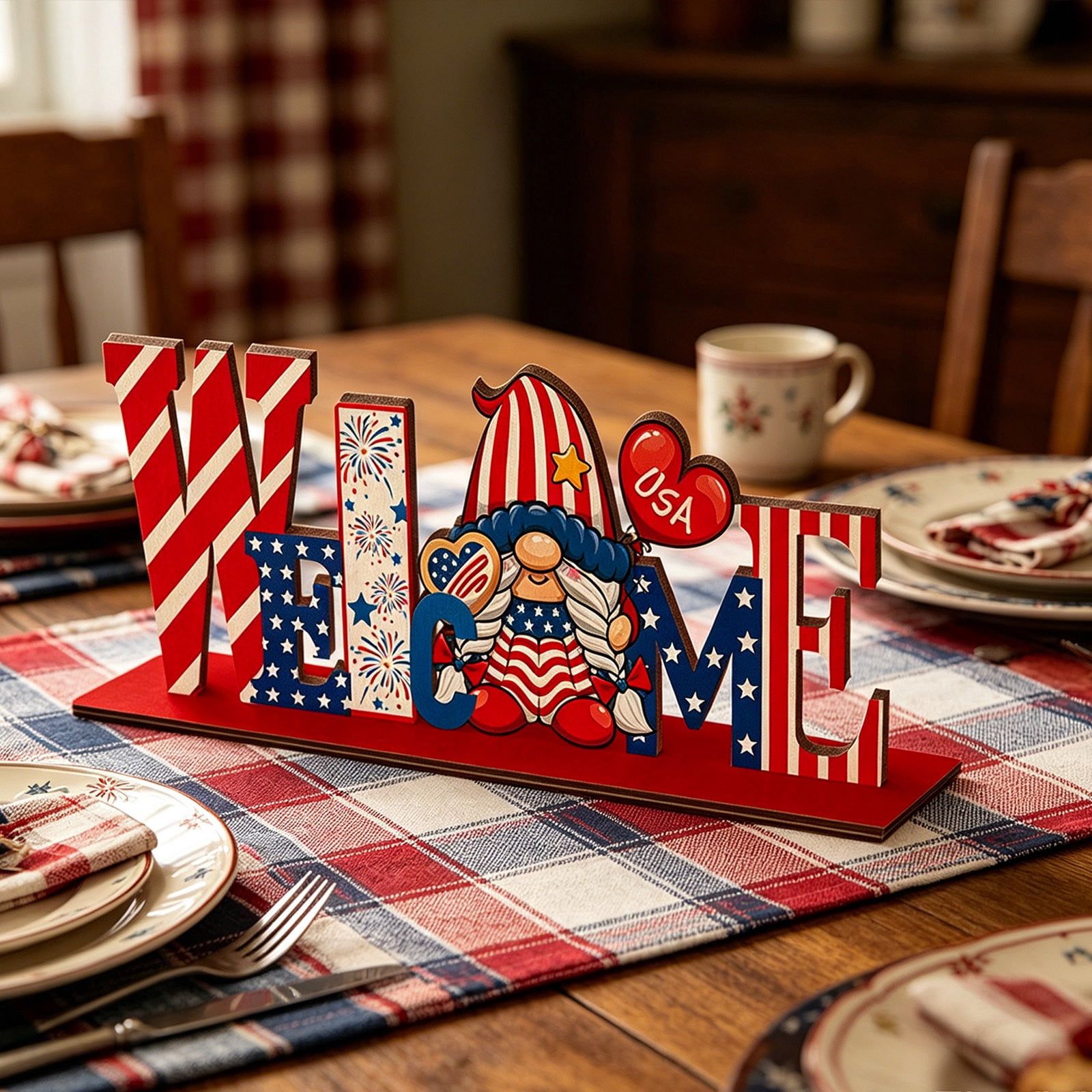 4th of July Patriotic Gnome Wooden Table Sign, LOVE Independence Day ...