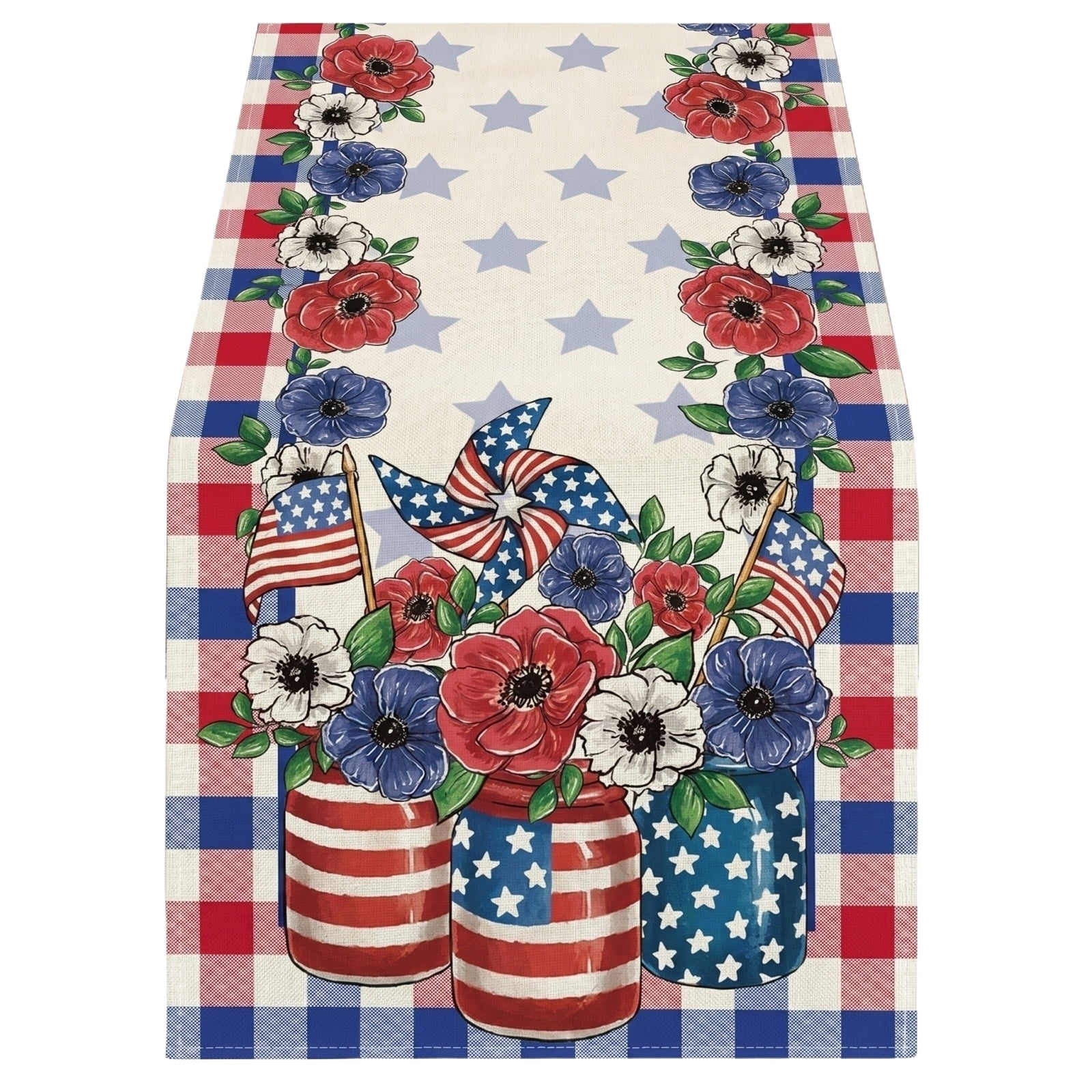 4th of July Patriotic Linen Table Runner, Red White Blue Floral ...