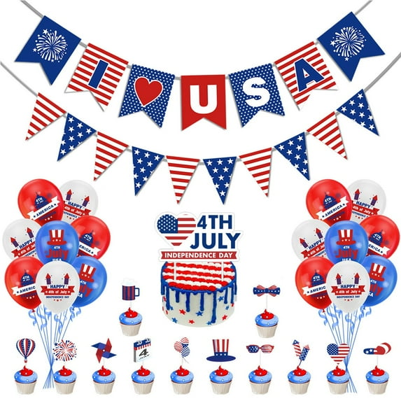 4th of July Patriotic Party Decor Kit, USA Banner, Balloons & Cake ...