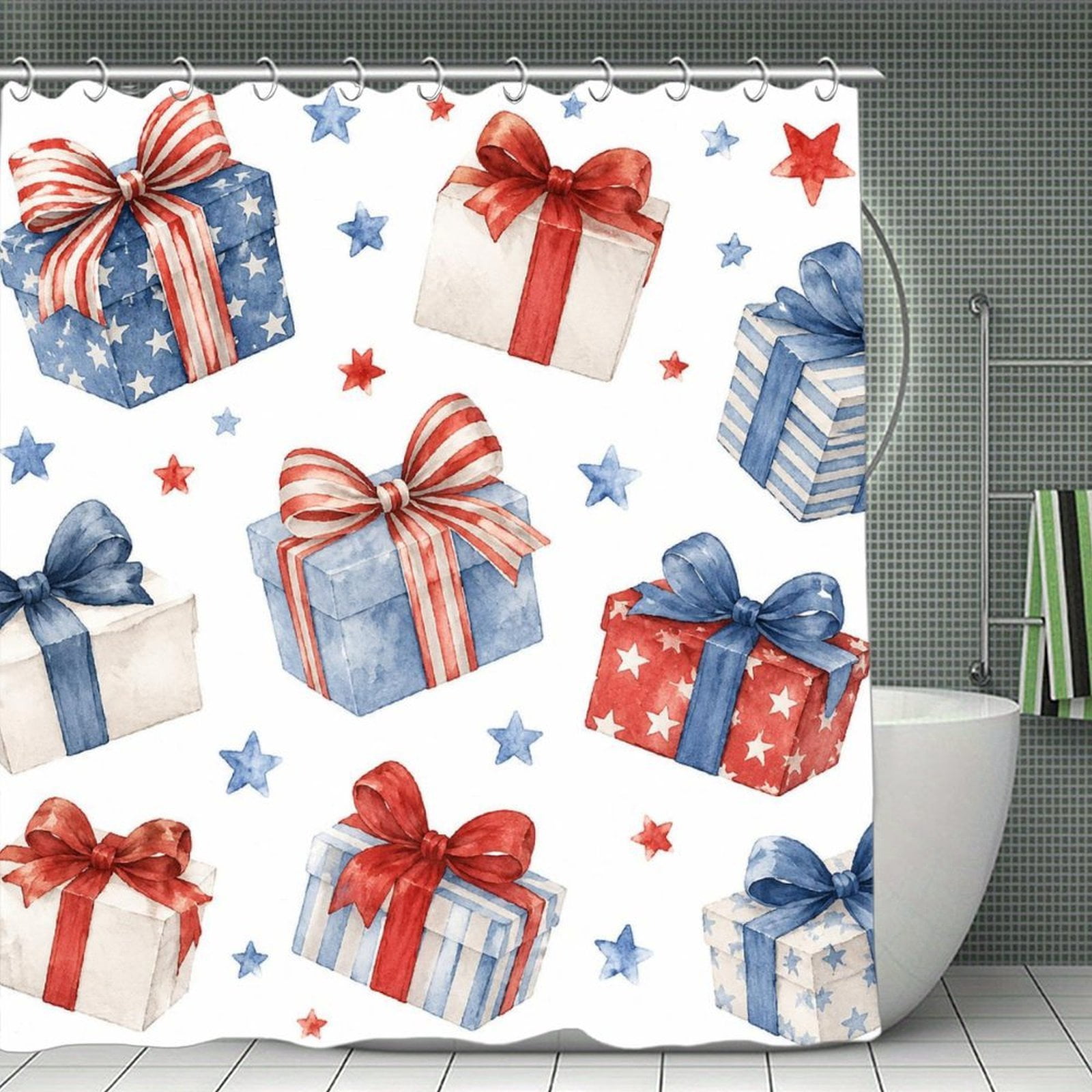4th of July Patriotic Shower Curtain Patriotic Gift Boxes Bathroom ...