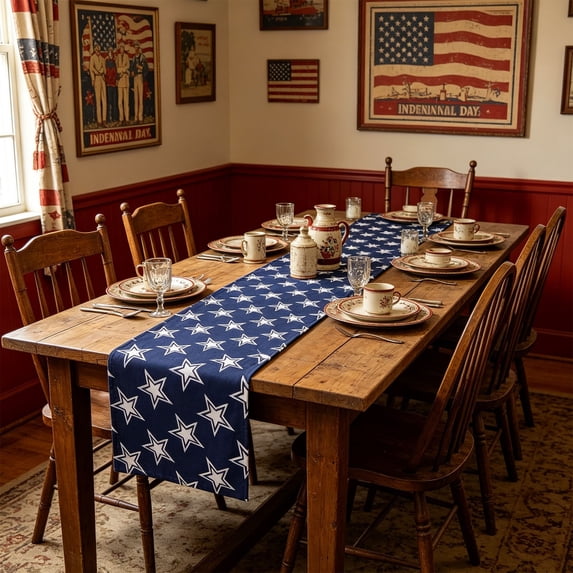 4th of July Patriotic Table Runner, Star Pattern Polyester Table Linen ...