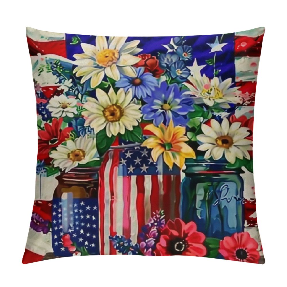 4th of July Pillow Covers Blue Red Independence Day Decorations Floral ...
