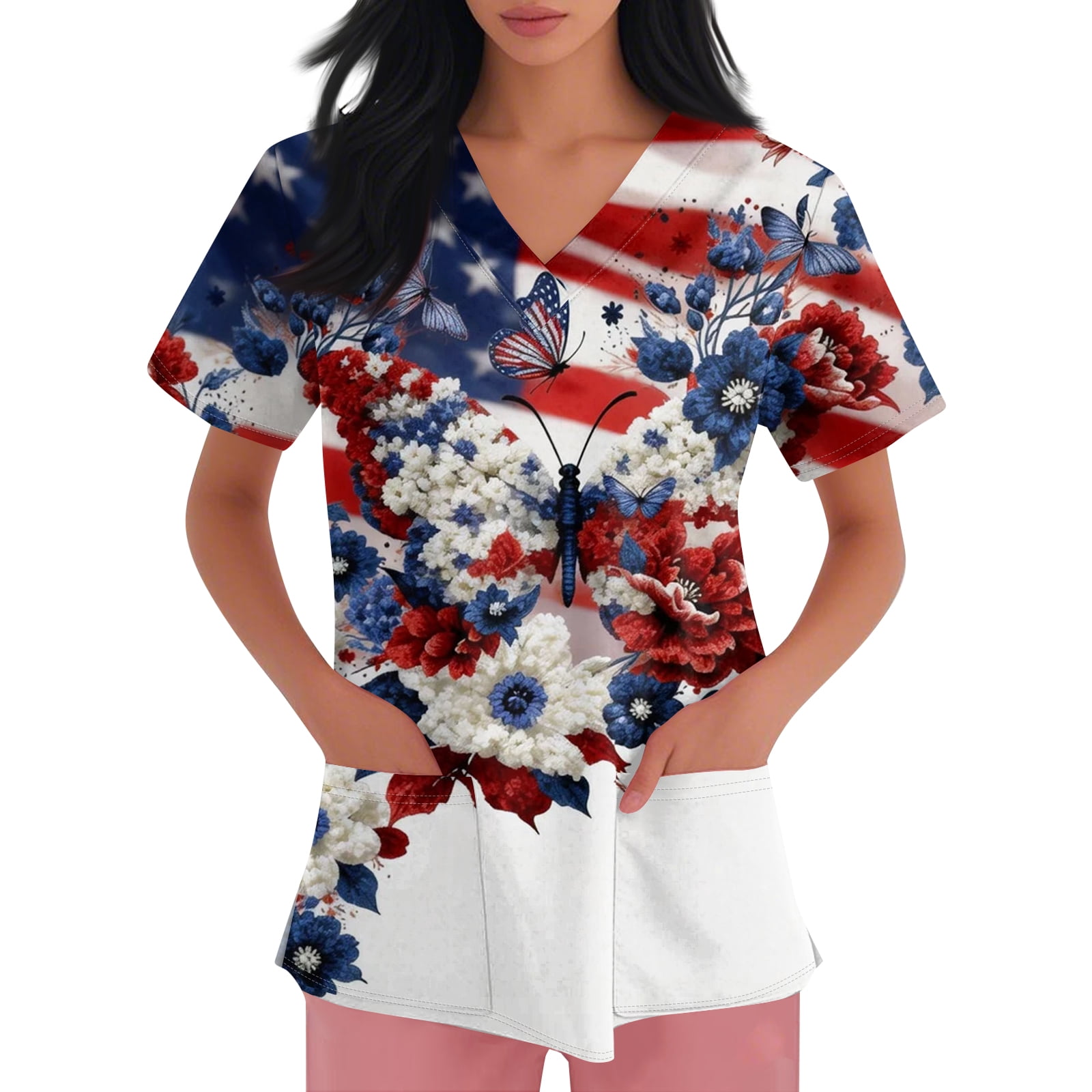 4th of July Plus Size Scrubs for Womens V-Neck Short Sleeve American ...