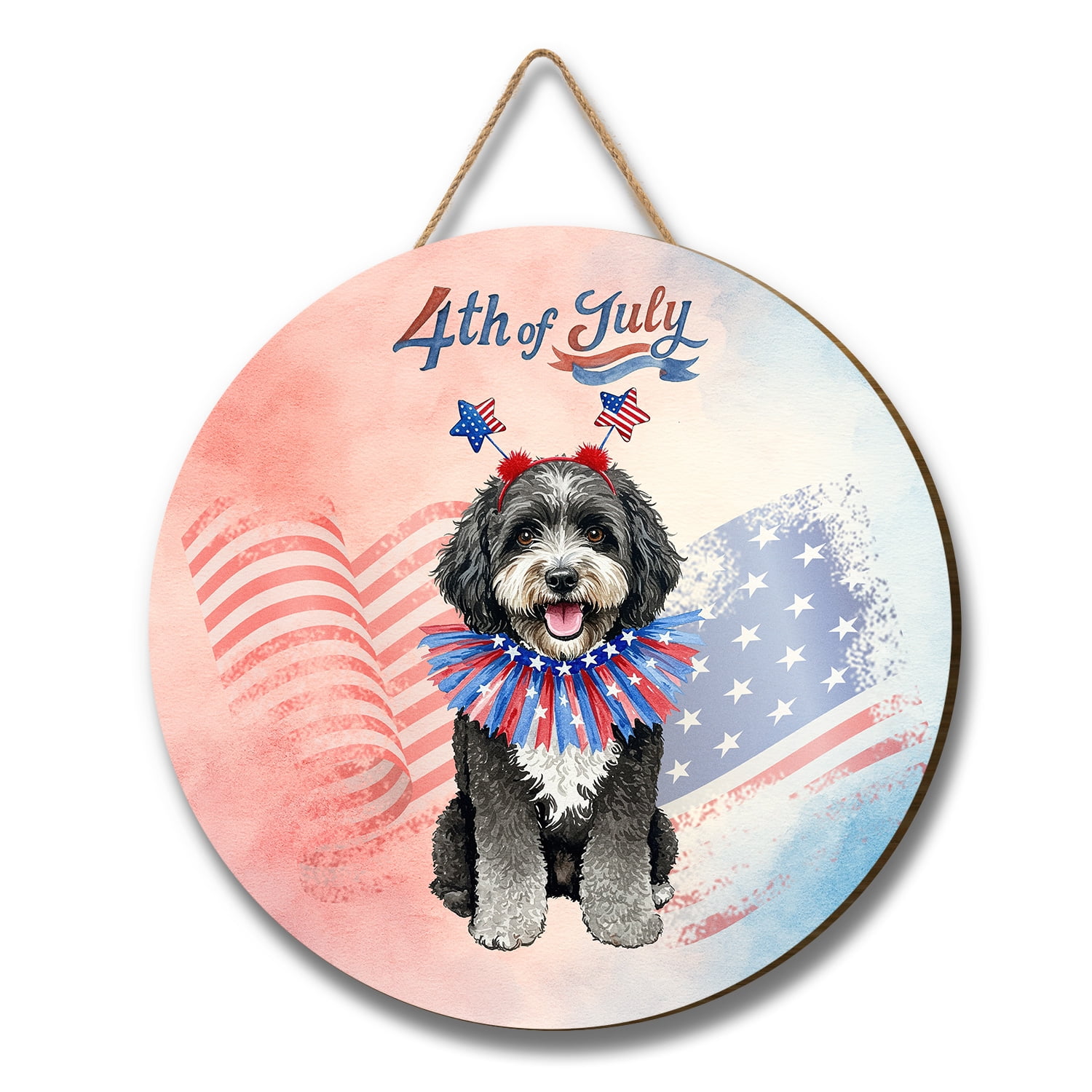 4th of July Portuguese Water Dog Celebrates Independence Day Round Wood ...