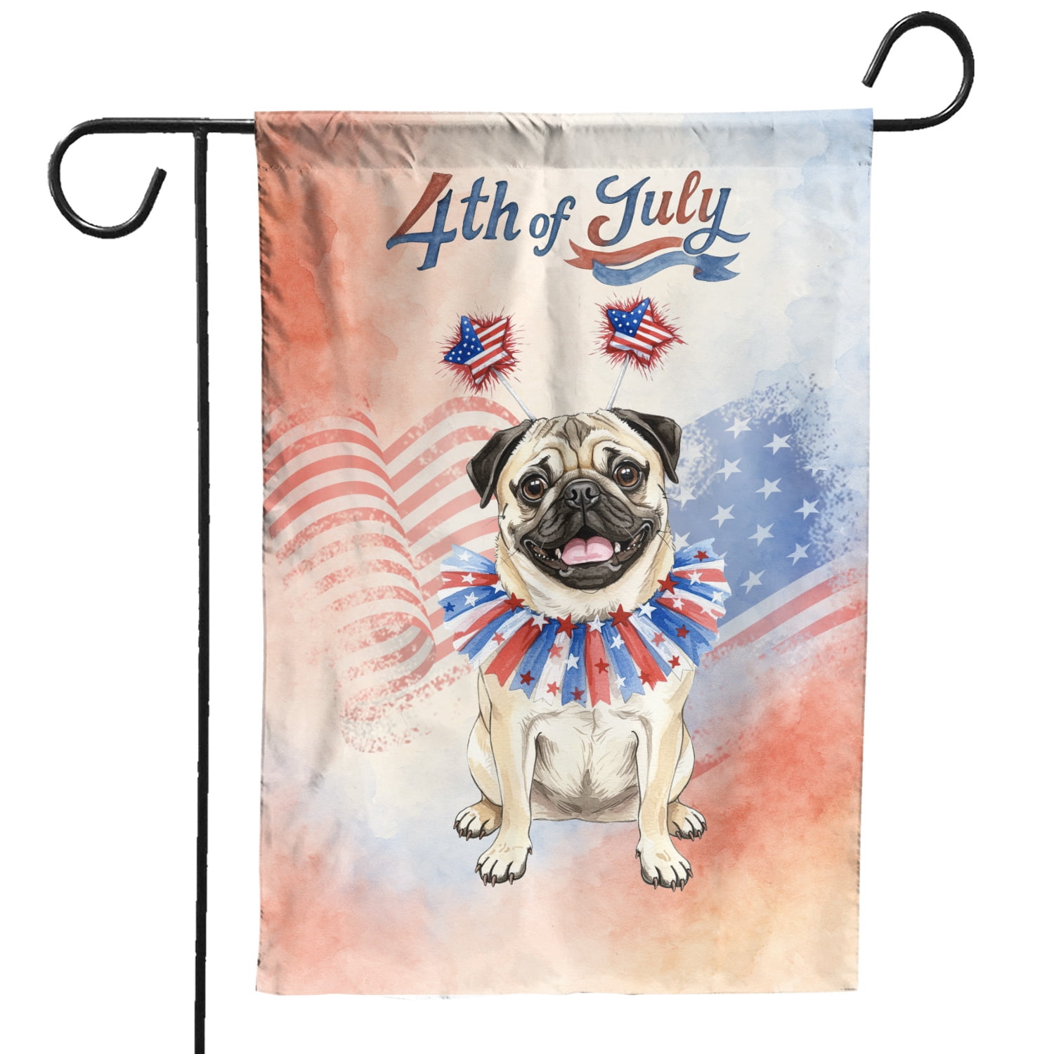 4th of July Pug Celebrates Independence Day Garden Flag 12x18in Double ...