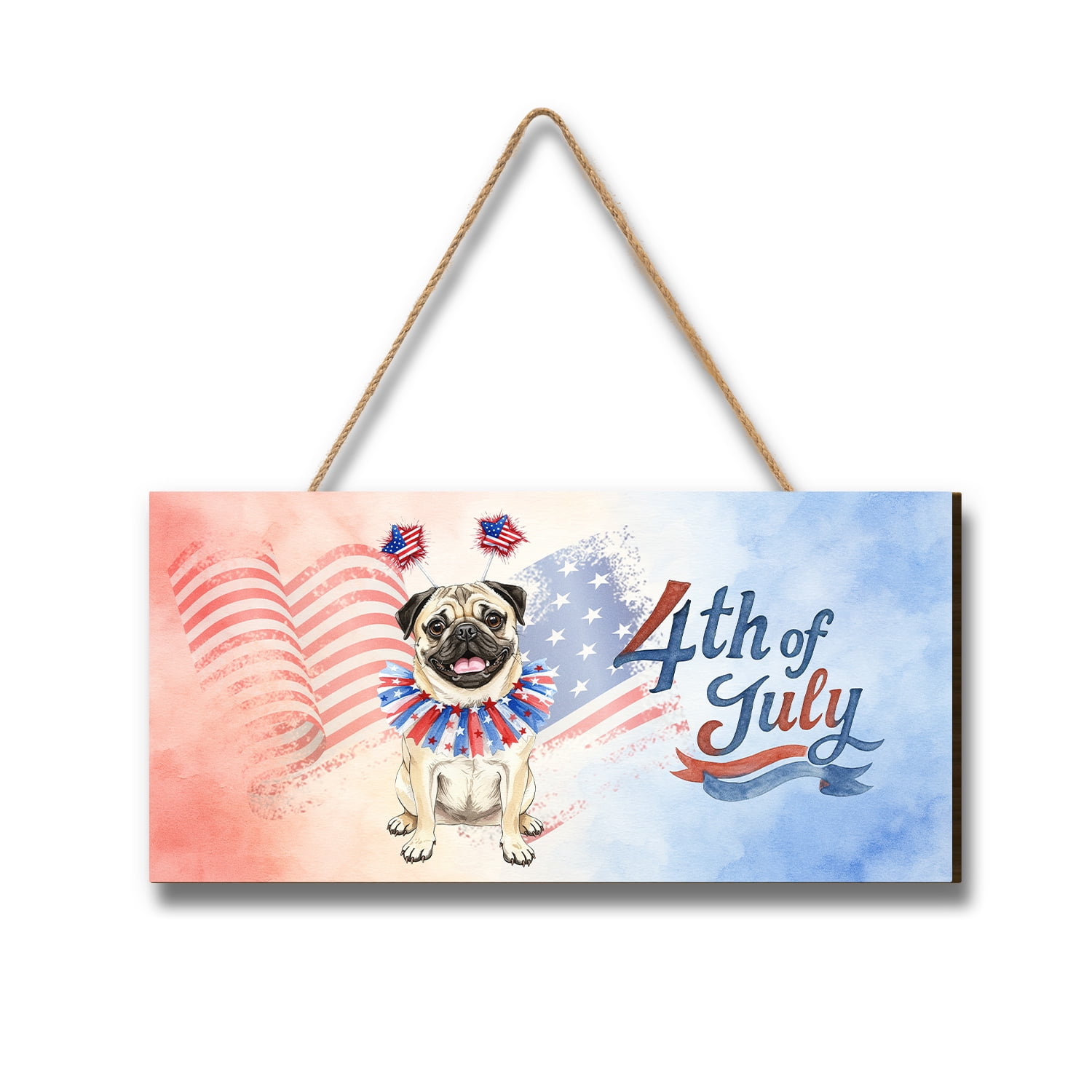 4th of July Pug Celebrates Independence Day Landscape Wood Sign Dog ...