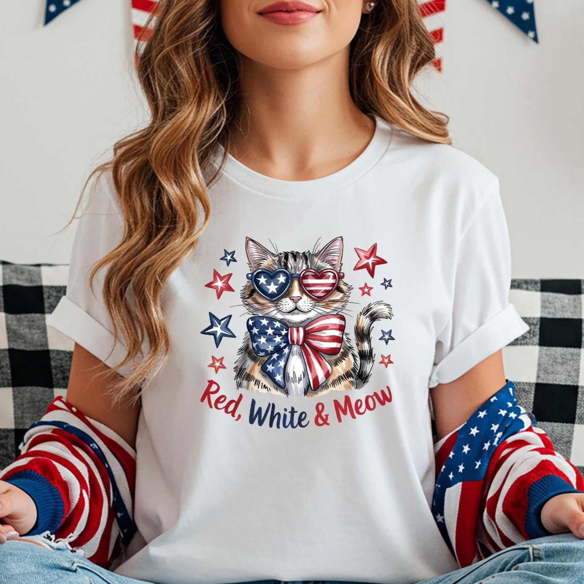 4th of July Red White And Meow ShirtPatriotic Cool Cat Bow TShirtFunny ...