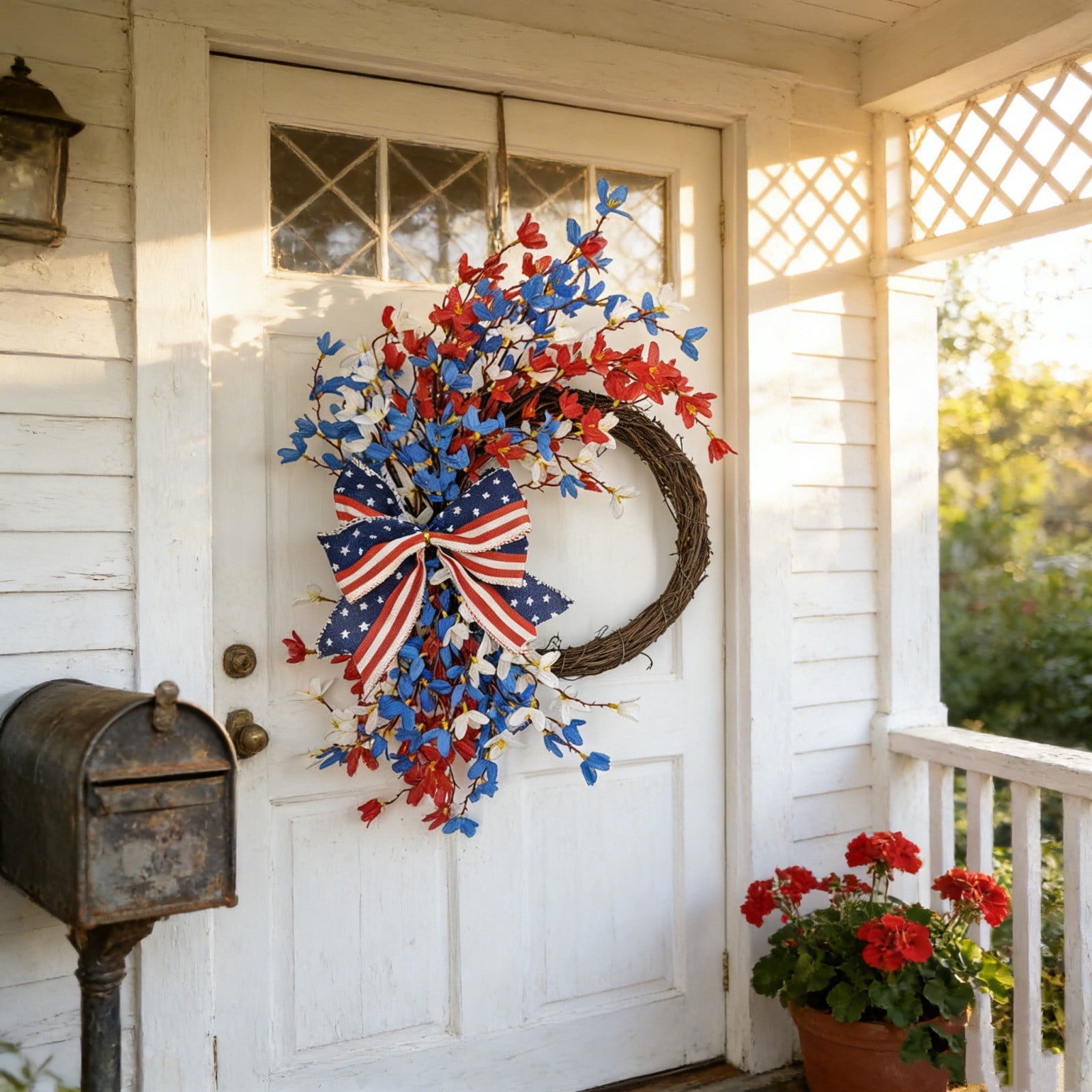 4th of July Red White Blue Bow Wreath - Patriotic Flag Hanging Wreath ...