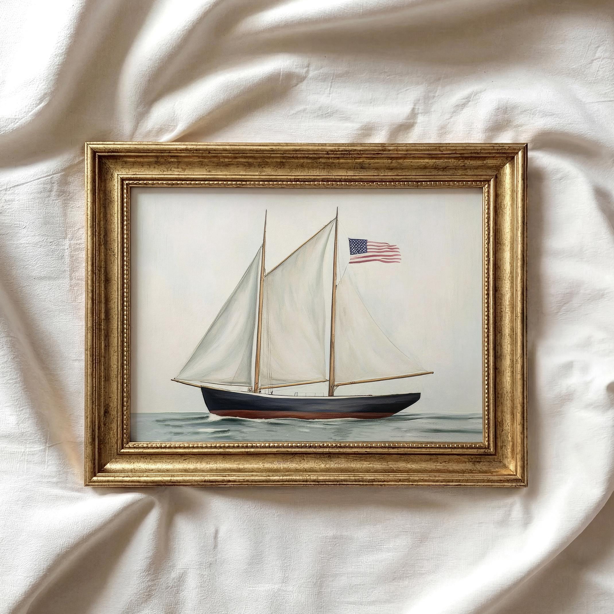 4th of July Ship Print Vintage Style Sailboat Painting Independence Day ...
