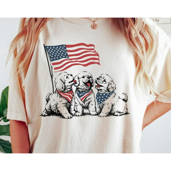 4th of July Shirt, Cute Puppies USA Shirt, American Flag Tee, Golden ...