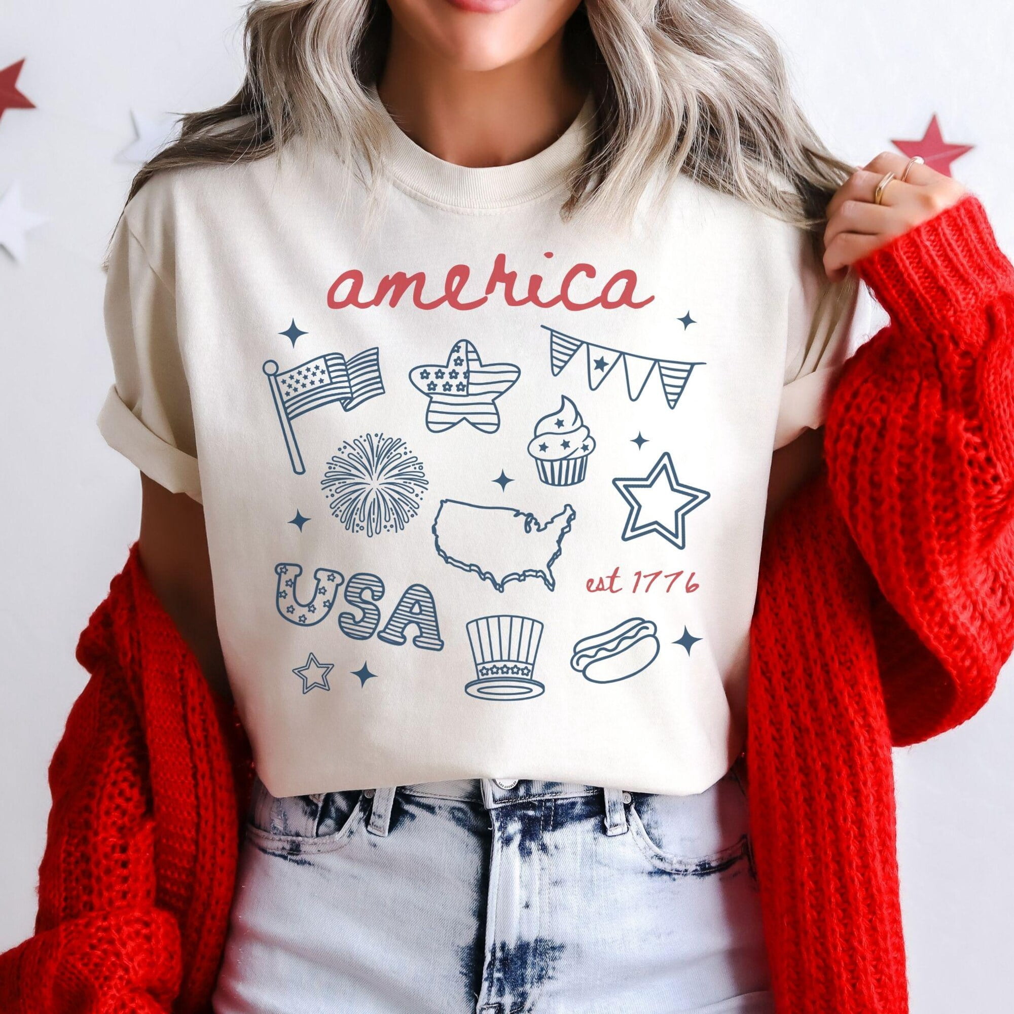 4th of July Shirt Hand Drawn America 1776 TShirt Independence Day ...
