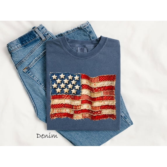 4th of July Shirt, Retro American Flag Shirt, Faux Patchwork USA ...