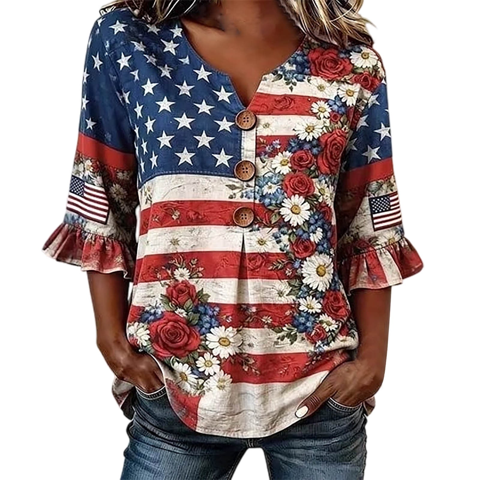 4th of July Shirts Women Boho Sunflower Patriotic Flag Print V Neck ...