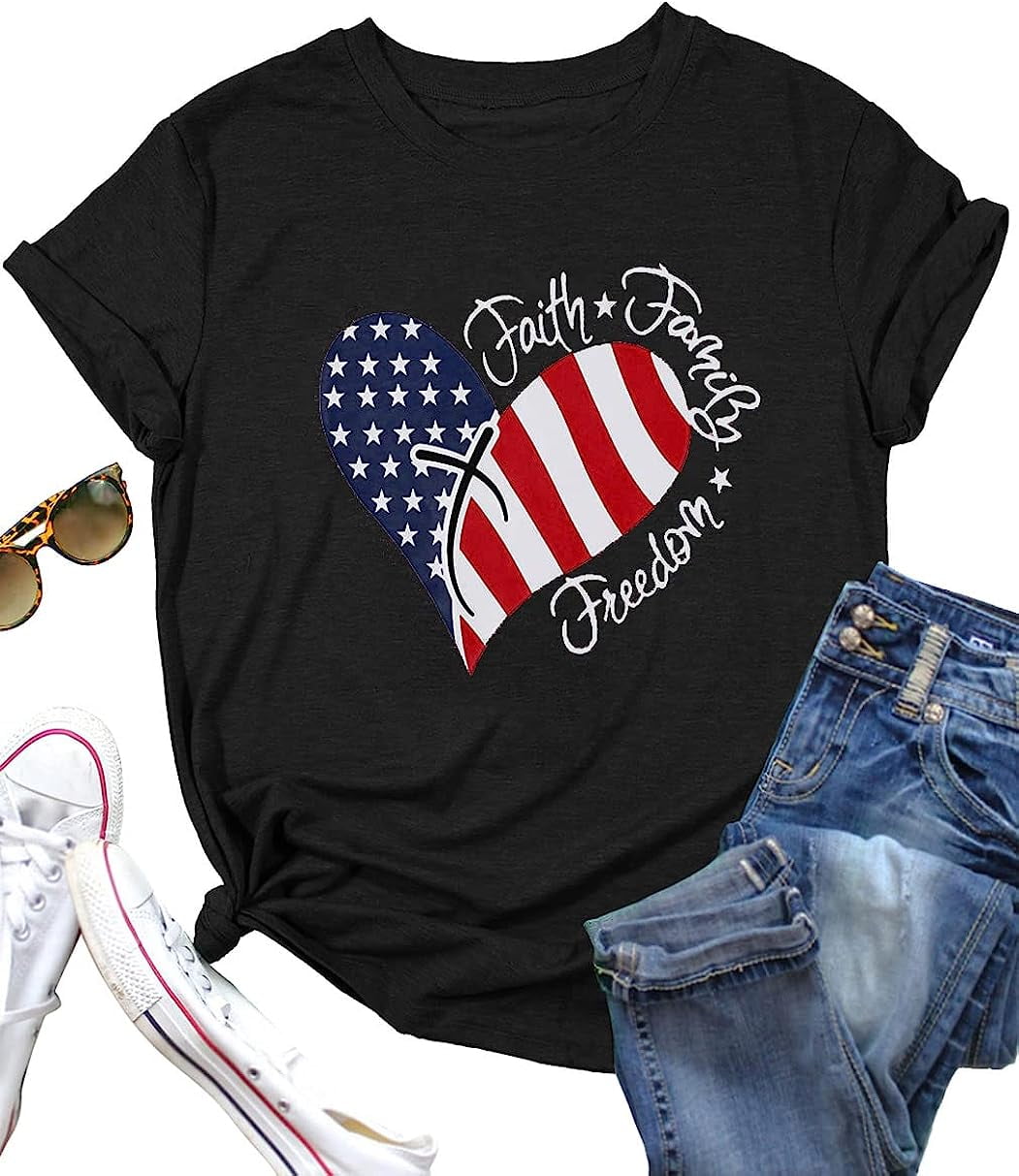4th of July Shirts Women Faith Family Freedom Tshirt American Flag T ...