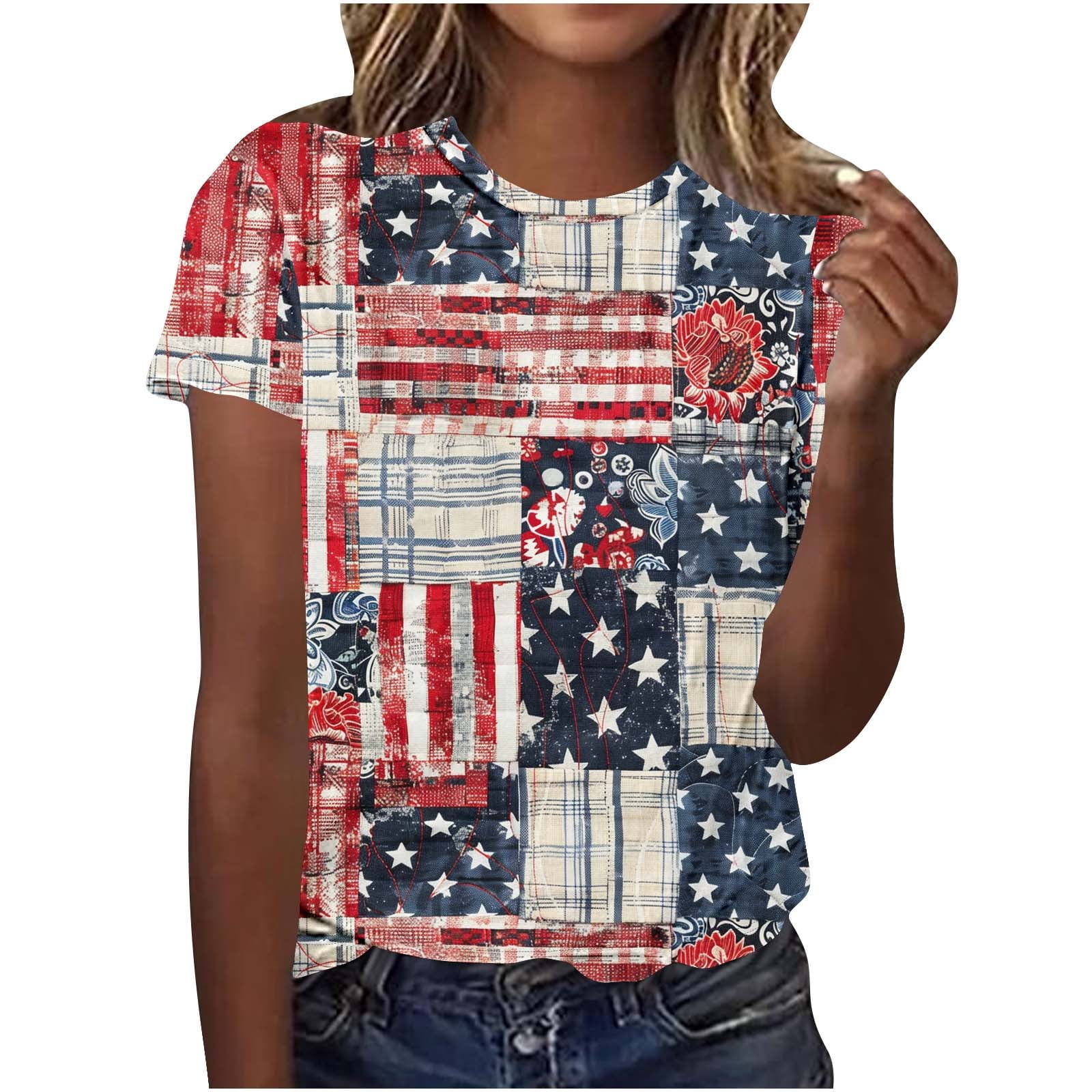4th of July Shirts Women Patriotic American Flag V Neck 3/4 Sleeve ...