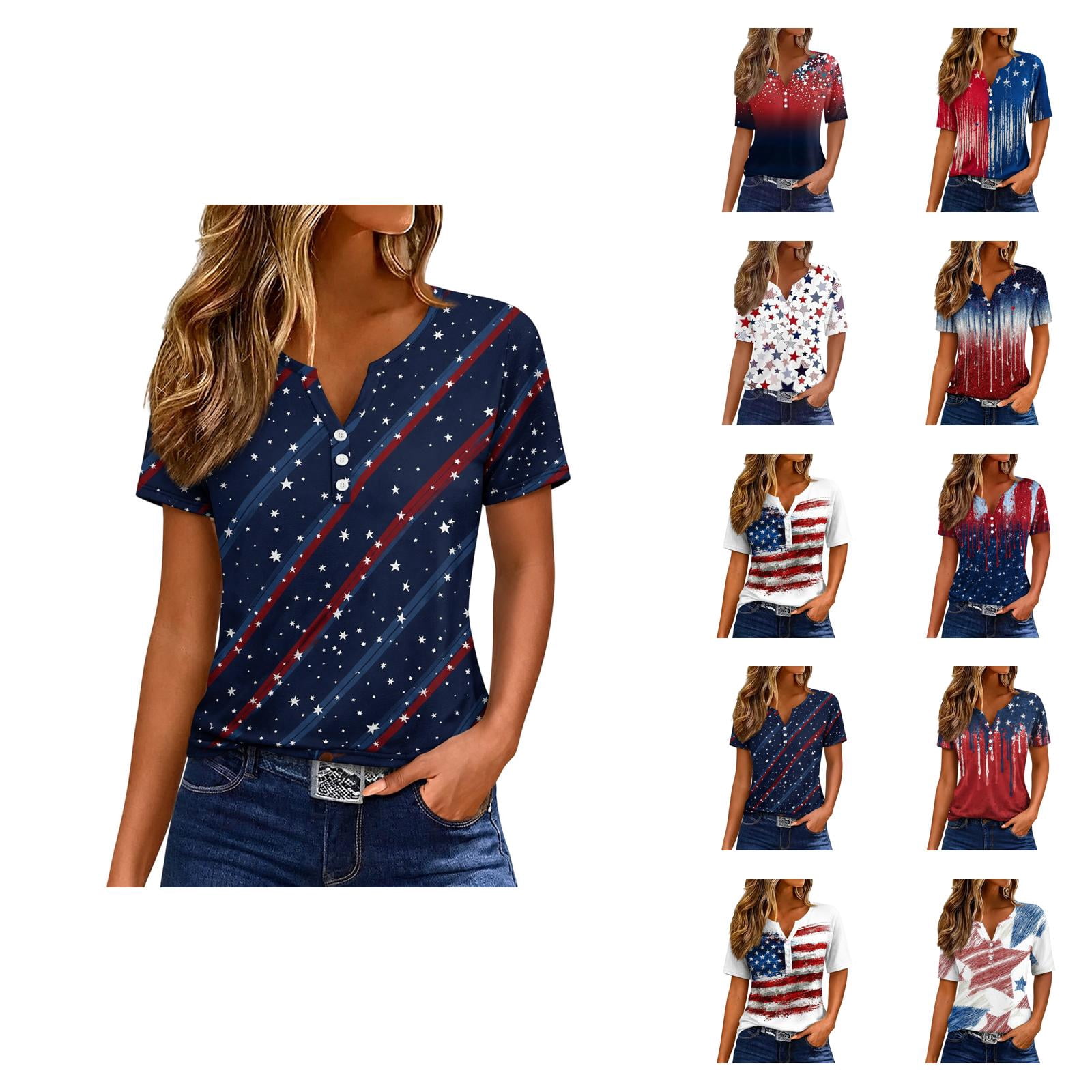 4th of July Shirts Women Red White Blue V Neck Tshirts Lightweight ...