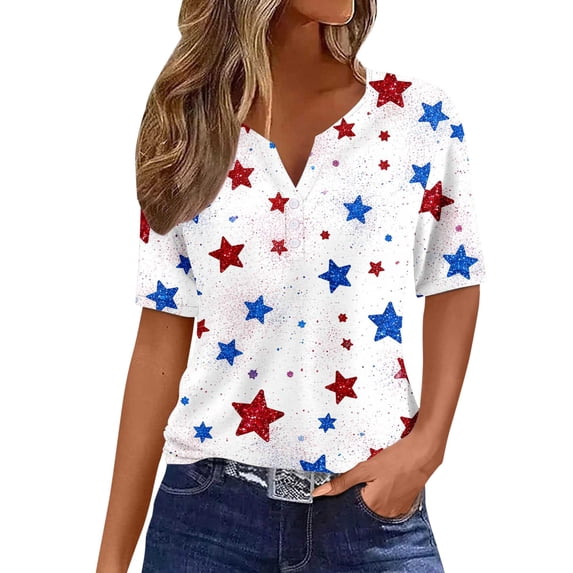 4th of July Shirts Women Retro Liberty Eagle Print V Neck Button Decor ...