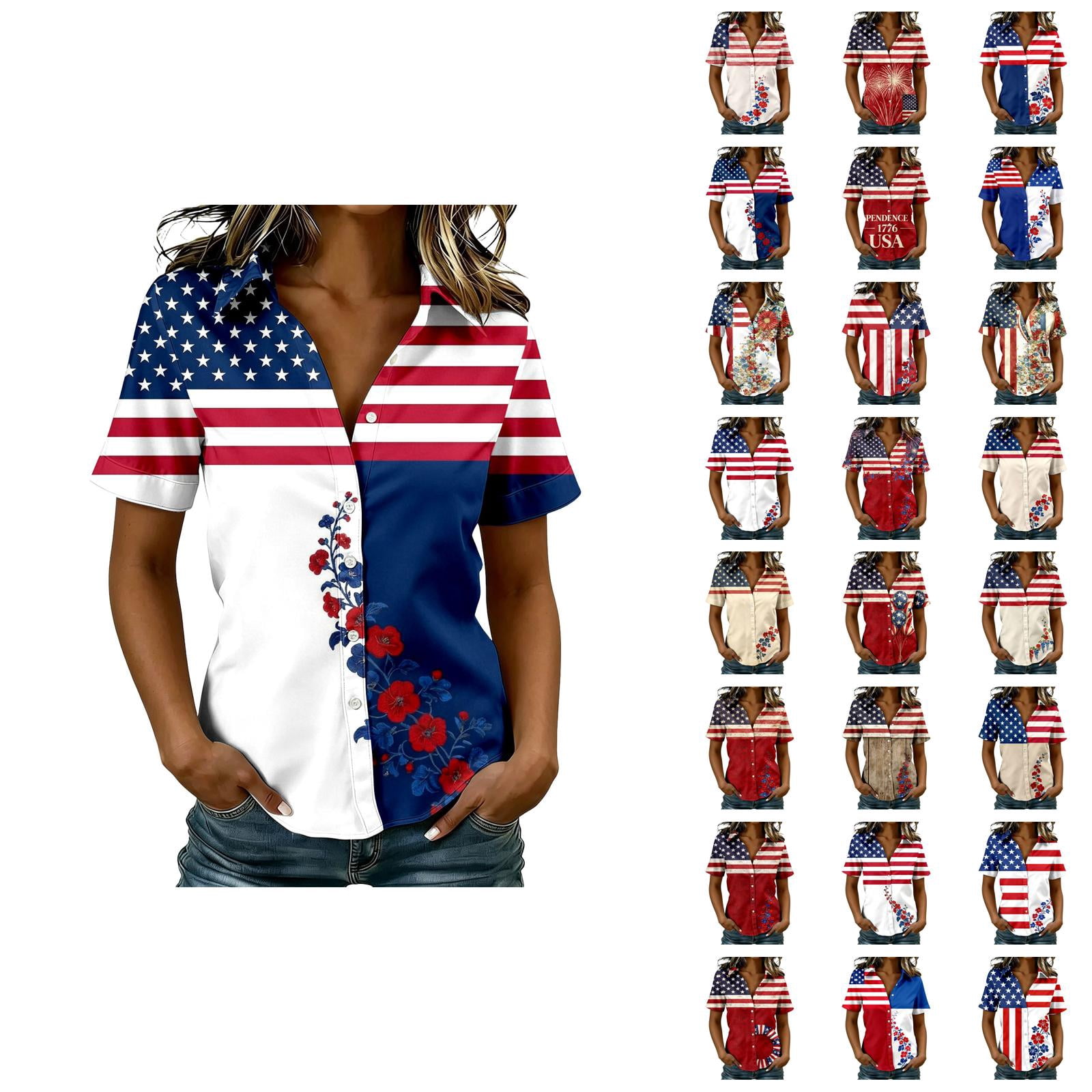 4th of July Shirts Women Short Sleeve Button Down Lapel Collar America ...