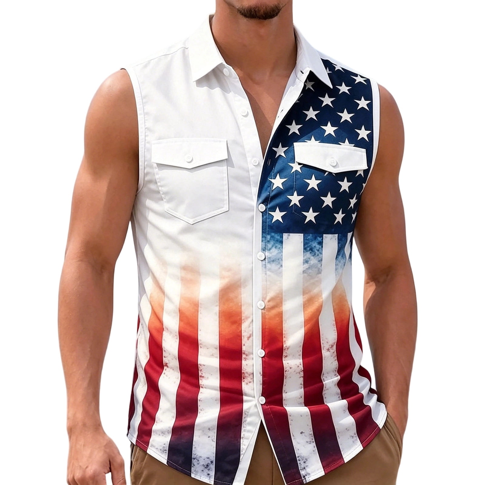 4th of July Shirts for Men Patriotic Style Sleeveless Button Down Shirt ...