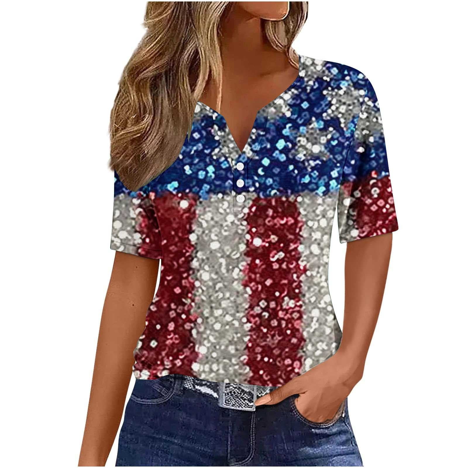 4th of July Shirts for Women: American Flag Tee USA Red White Blue Top ...