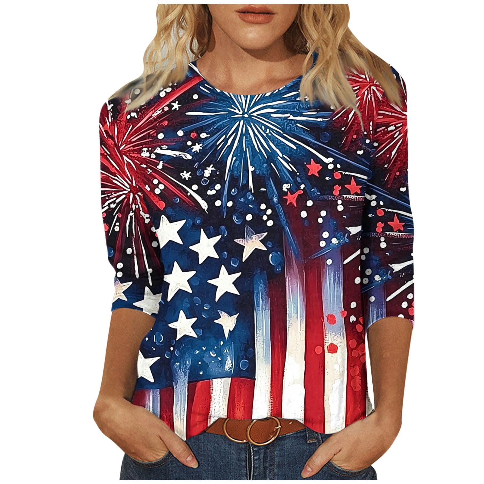 4th of July Shirts for Women Firework Print 3/4 Sleeve American Flag ...