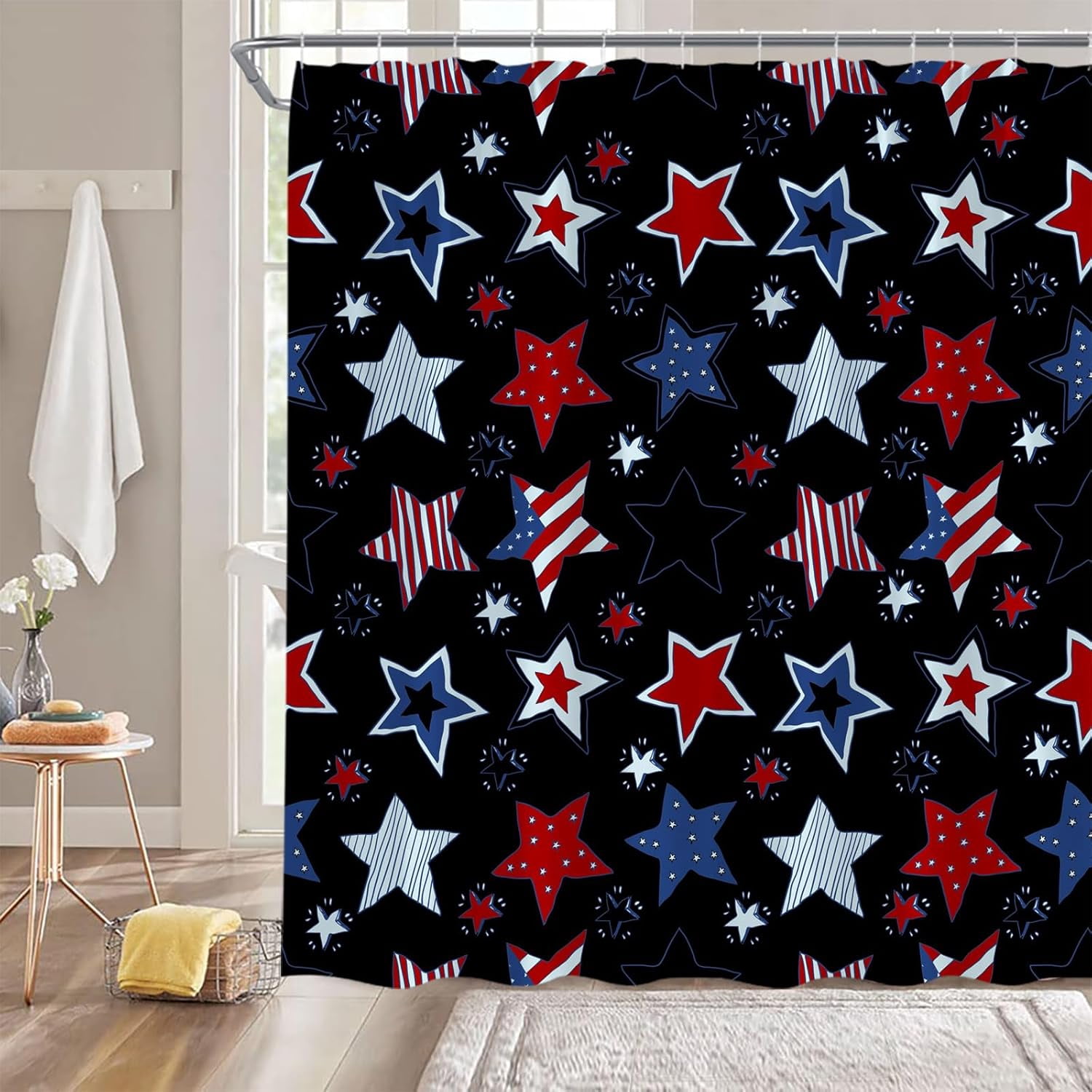 4th of July Shower Curtain Blue and Red Stars Independence Day American ...
