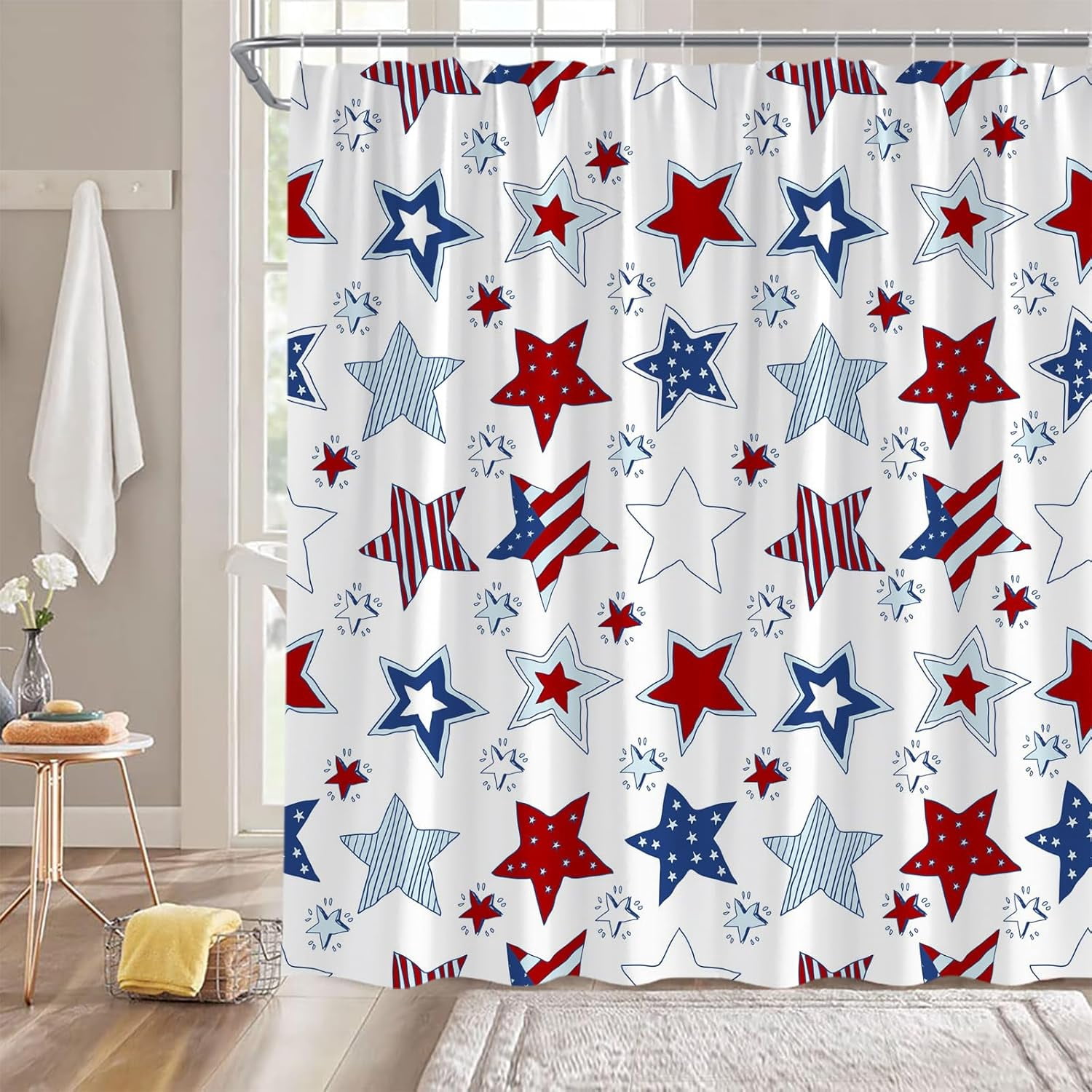 4th of July Shower Curtain Blue and Red Stars Independence Day American ...