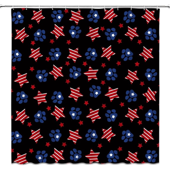 4th of July Shower Curtain Dog Paw Print Patriotic Red Blue Stars ...
