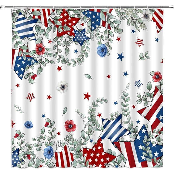 4th of July Shower Curtain Independence Day Blue Red Stars Eucalyptus ...