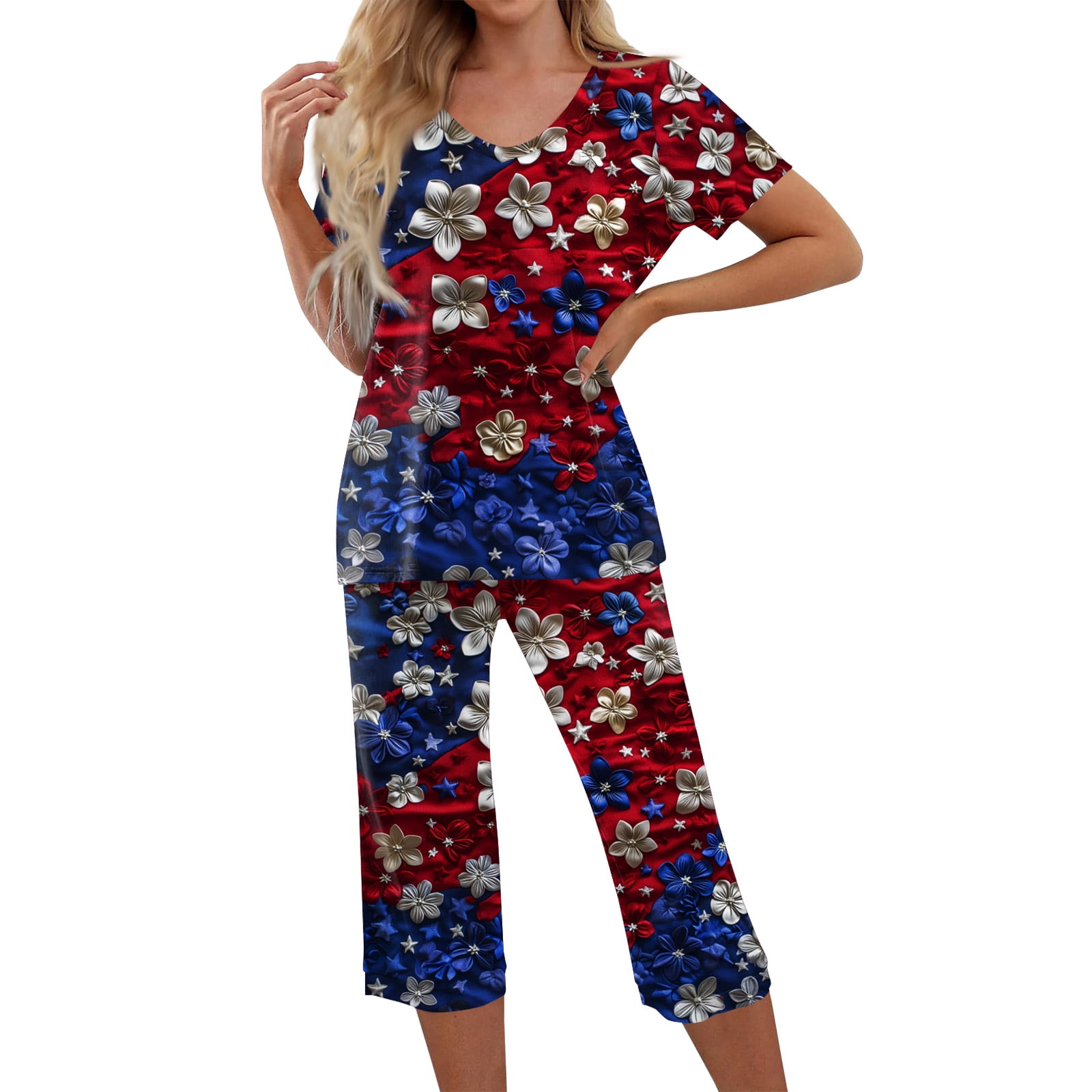 4th of July Soft Pajama Set for Women Red Blue and White Stars ...