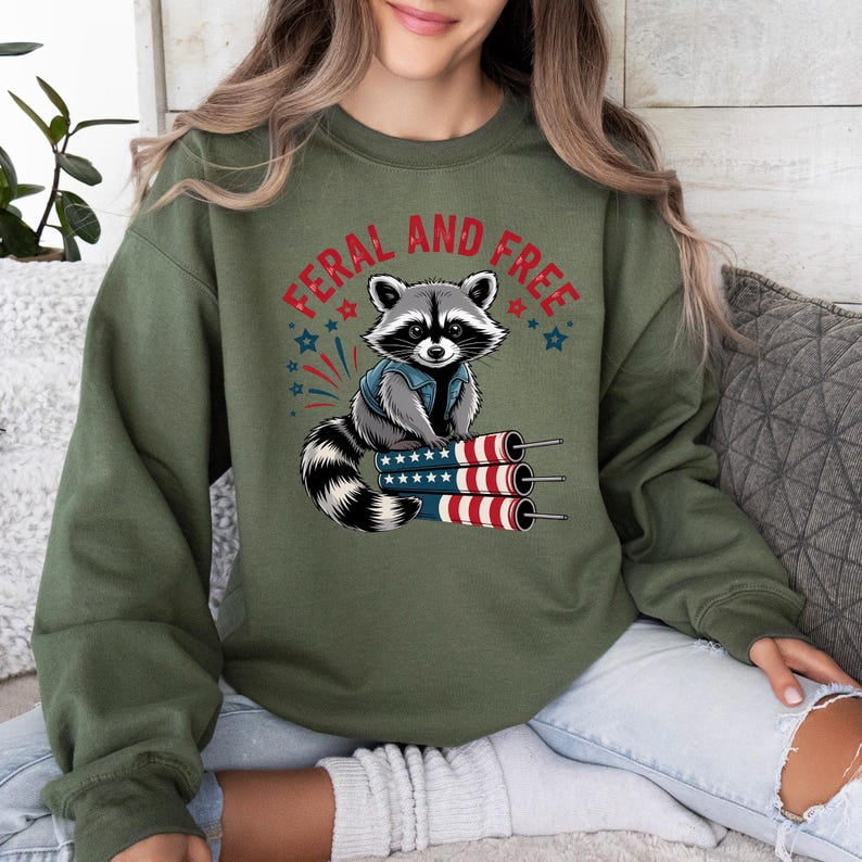 4th of July Sweatshirt, Red White and Feral Pullover, Funny Raccoon ...