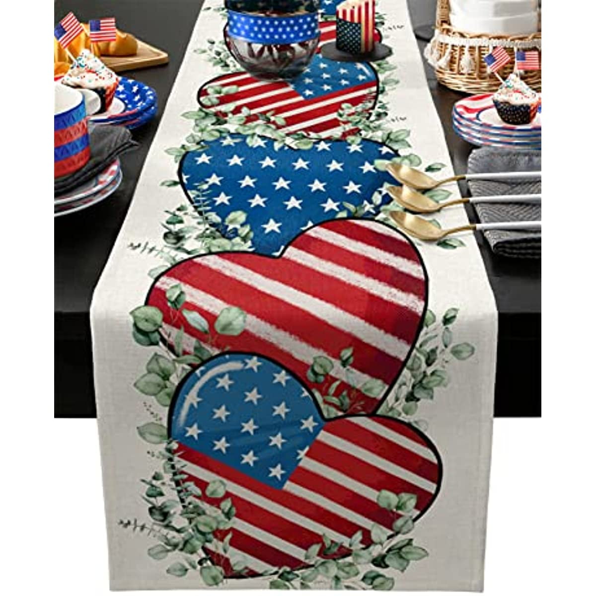 4th of July Table Patriotic Linen Table Runners Eucalyptus American ...