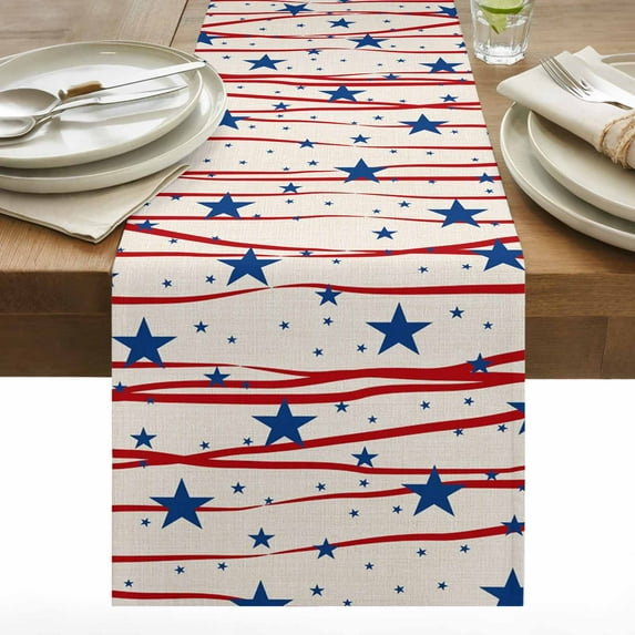 4th of July Table Runner 13x120 inch Patriotic Blue Star Cotton Linen ...